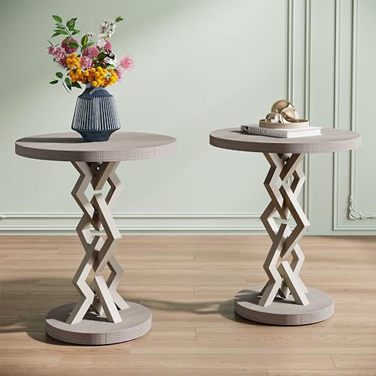 Tribesigns Set of 2 Round End Table, 2-Tier Wood Side Table with Pedestal, Modern Nightstand Bedside Table Coffee Accent Table for Living Room Bedroom & Small Space, Gray (2)