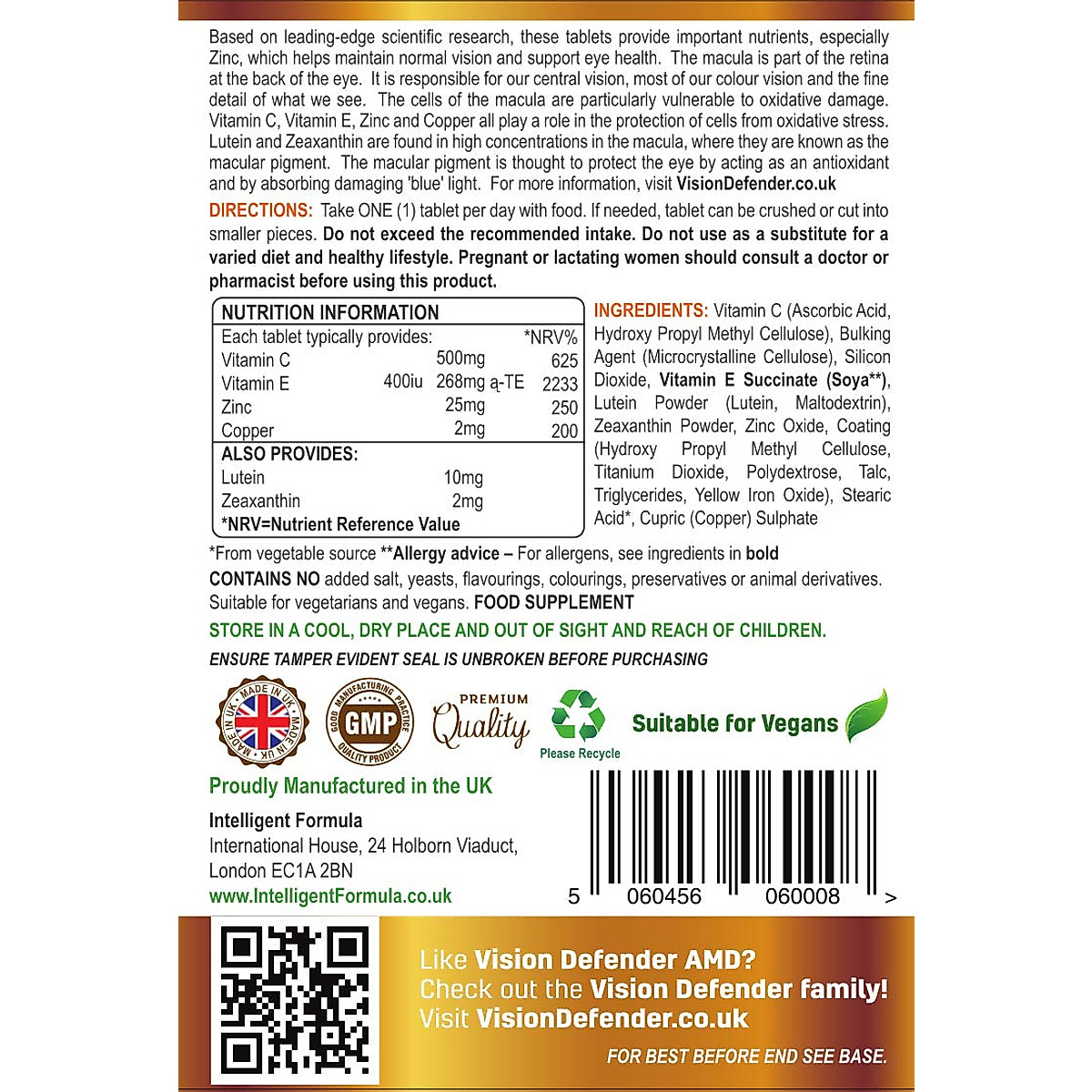 AREDS2 VISION DEFENDER AMD Supplement: Lutein, Zeaxanthin, Zinc, Vitamin E – AREDS 2 Eye Vitamins, Minerals, Nutrients for Eyes. 3 Months Supply (90 tablets) One-A-Day Vegan Eye Supplement. Made in UK