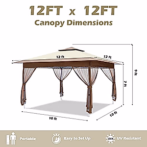 OUTFINE 12'x12' Gazebo Outdoor Pop up Canopy Tent with Curtains and Shelter for Patio, Party & Backyard (Khaki)