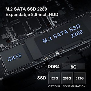 Beelink Mini Pc GK55 8GB DDR4 256GB SSD Intel J4125(4C/4T 4MB Cache Up to 2.7GHz), Mini Computer Supports 4K Dual HDMI Output / 2.4G+5G WiFi/ BT4.0/2.5" HDD Extension/Dual Gigabit Ethernet