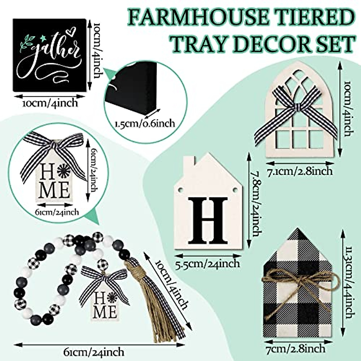 Spakon 14 Pieces Farmhouse Tiered Tray Decor Black White Buffalo Plaid Christmas Decor Wood Bead Garland with Tassel for Rustic Home Sweet Home Farmhouse Xmas Gift(Home Style)
