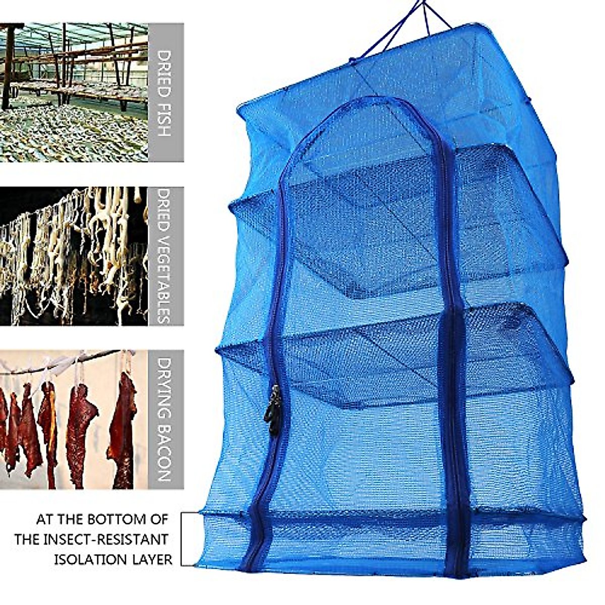 Fish Mesh Hanging Drying Net Food Dehydrator - Durable Folding 4 Layers Fish Vegetable Dishes Dryer Net Drying Rack (40 * 40 * 65cm)