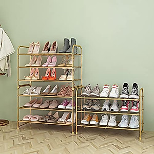 Simple Trending 3-Tier Stackable Shoe Rack, Expandable & Adjustable Shoe Shelf Storage Organizer, Metal Mesh, Gold