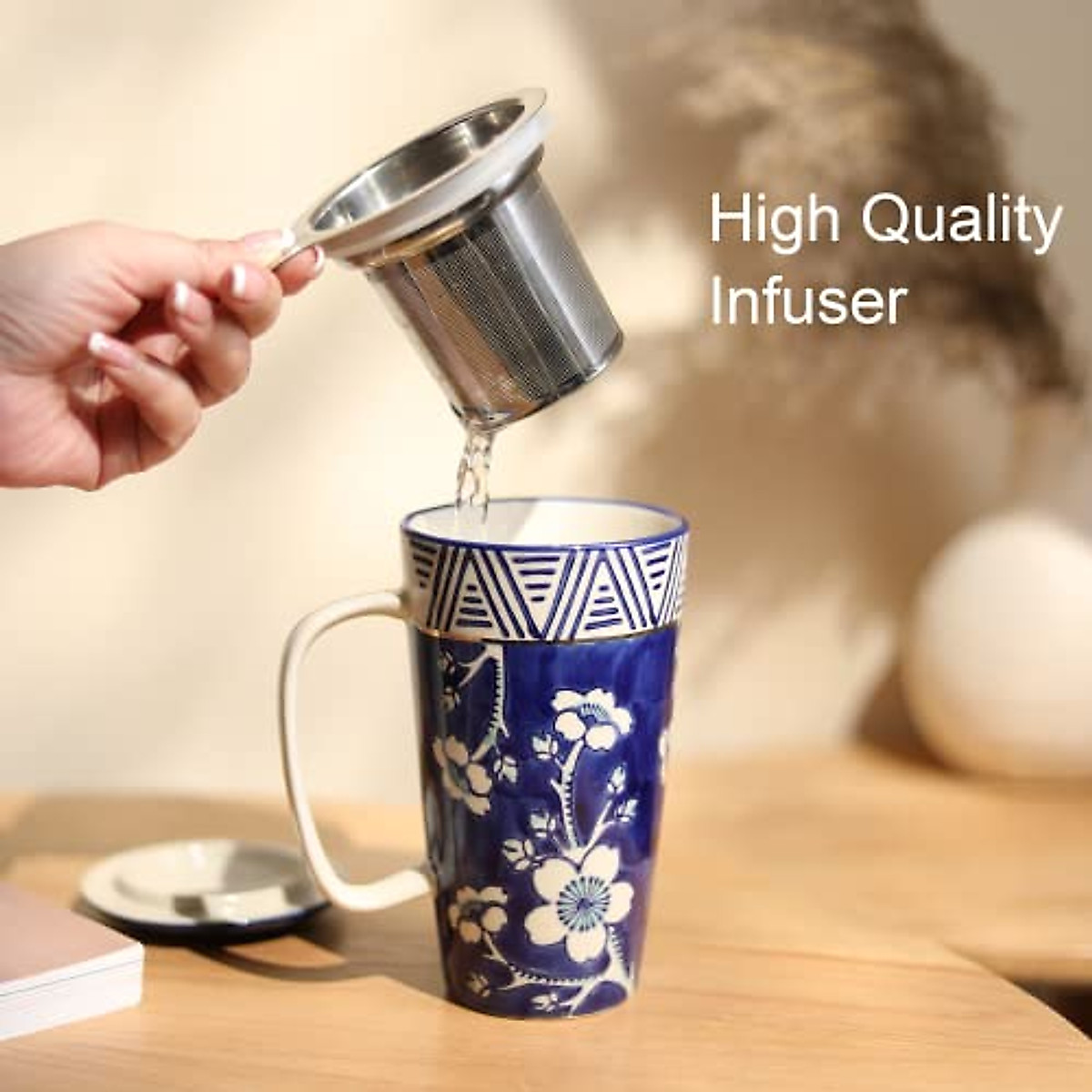 Taimei Teatime Ceramic Tea Cup with Infuser and Lid, 17 oz Tea Infuser Mug for Steeping Loose Leaf Tea with Handpainted Floral Pattern, Tea Mug with Infuser Basket, Women Office Home Gift