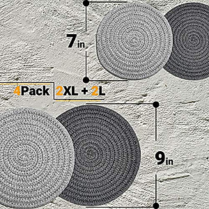 Potholders Set Trivets Set of 4[Two 9-Inch + Two 7-Inch] | 100% Eco Pure Cotton Thread Weave Trivets for Hot Pots and Pans | Hot Coasters | Hot Pads for Kitchen | Hot Mats | Light Gray & Dark Gray