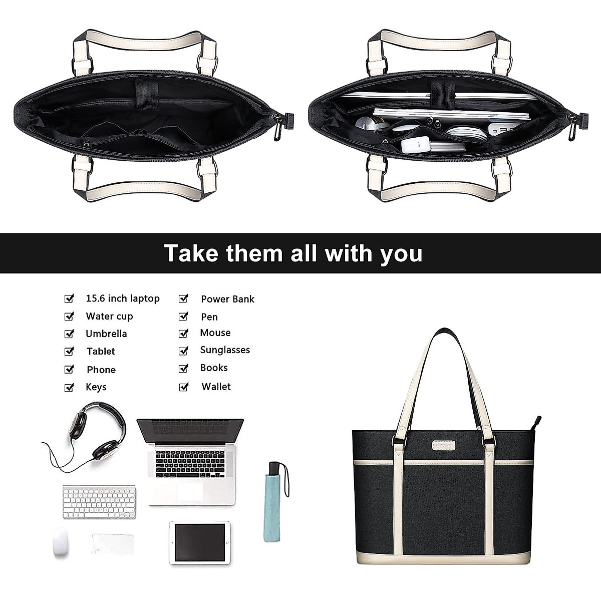 MOSISO Laptop Tote Bag, 15.6 inch Laptop Bag for Women Men, 16 inch Business Office Work Travel Shoulder Computer Bag with Front 3 Hidden Pockets & PU Bottom & Earphone Hole, Black