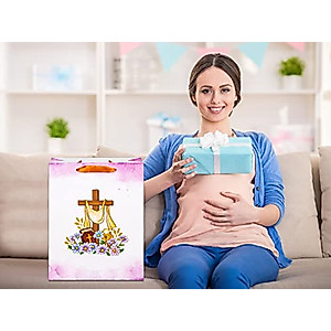 SICOHOME Easter Gift Bag with Handle 13" Religious Gift Bag with Tissue Paper and Greeting Card Baptism Gifts Bag Gift Wrapping Bags for Party Favor Bags for Easter Christenings Baptism First Communions Confirmations or Religious Party