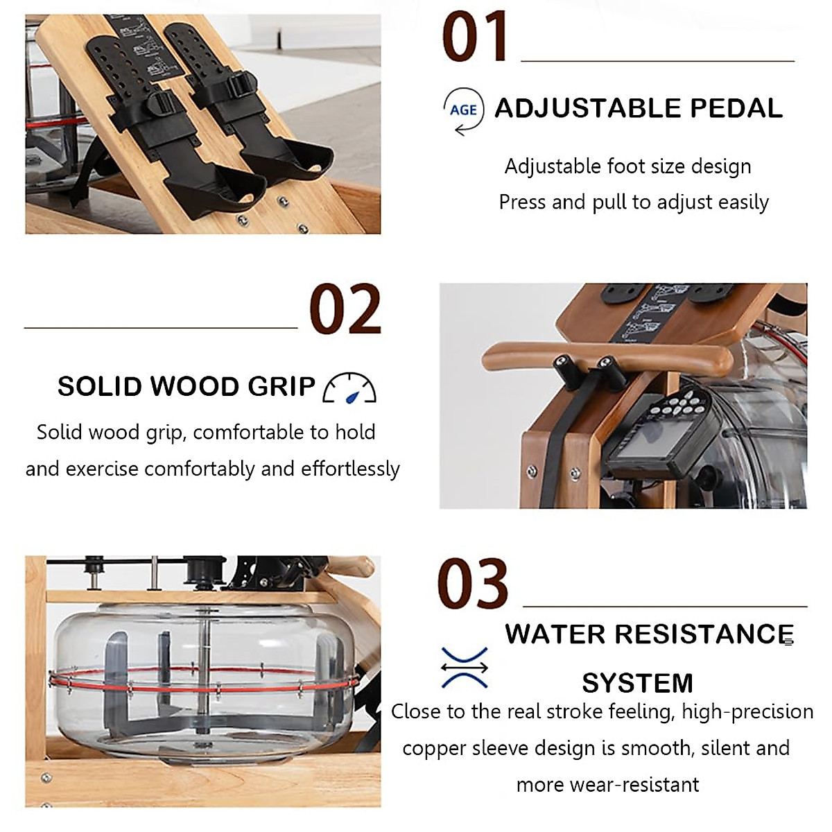 LuusMm Water Resistance Rowing Machine for Home Gym Fitness, Classic Wooden Water Rowing Machine with Monitor for Full Body Exercise Cardio Training,Brown