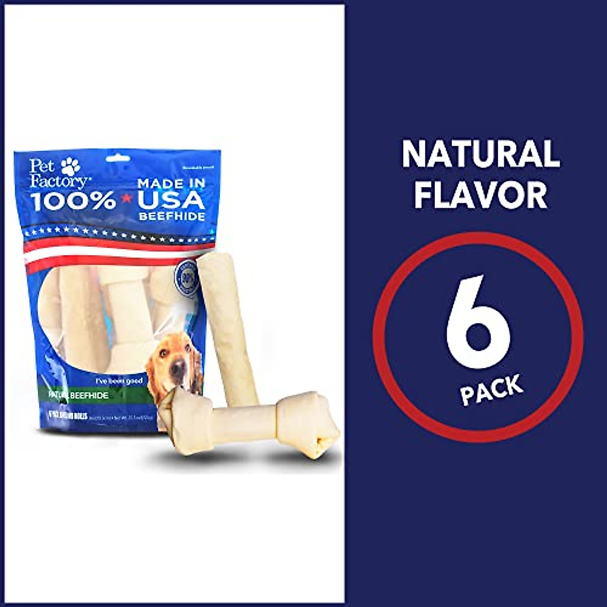 Pet Factory 100% Made in USA Beefhide 8-9" Assorted (Bones & Rolls) Dog Chew Treats - Natural Flavor, 6 Count/1 Pack