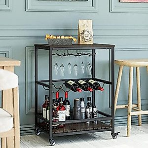 HITHOS Industrial Bar Carts for The Home, Mobile Bar Serving Cart, Wine Cart on Wheels, Beverage Cart with Wine Rack and Glass Holder, Rolling Drink Trolley for Living Room, Kitchen, Dark Brown