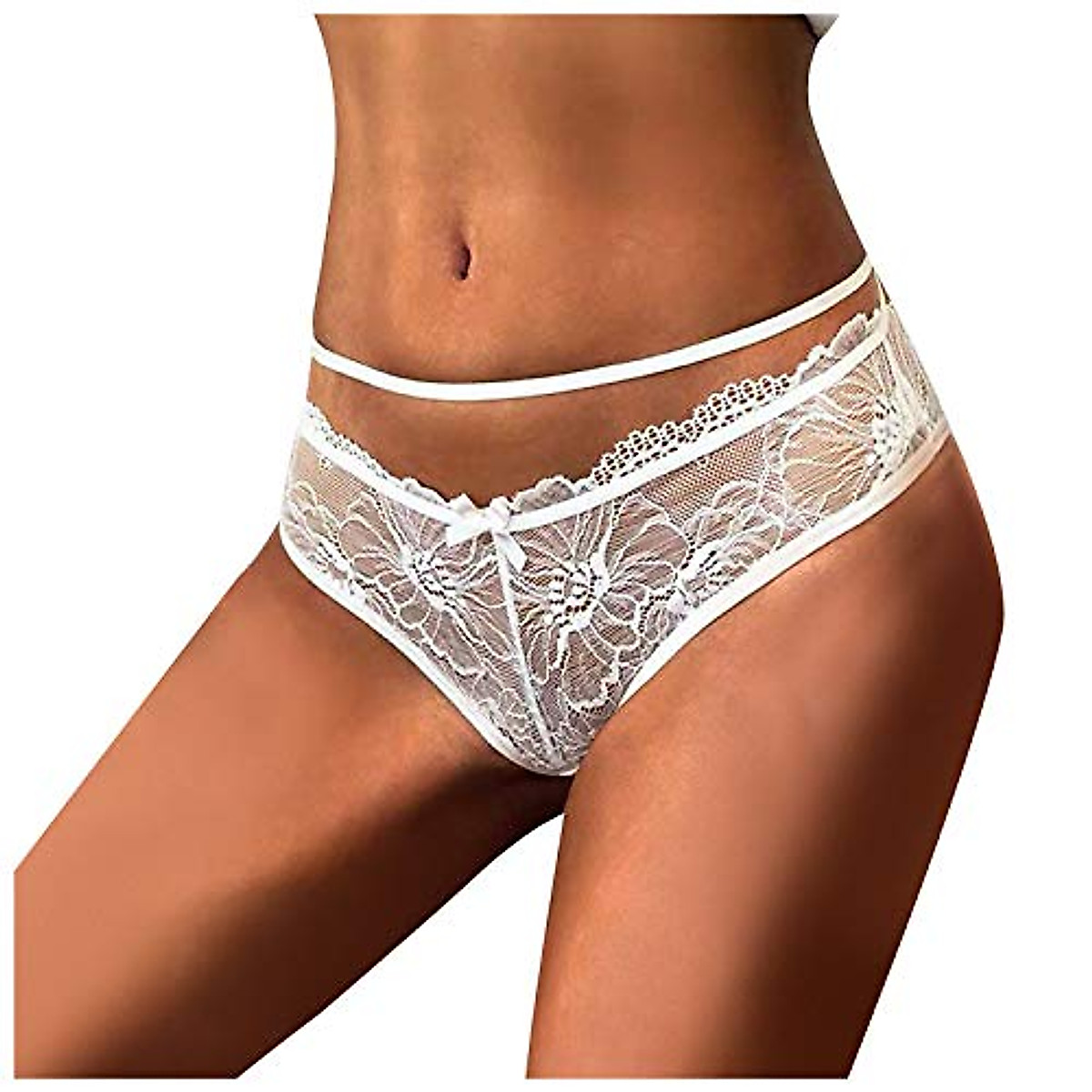 Women's Lace Patchwork Panties See Through Briefs Bowknot Soft Lingerie Criss Cross Invisible Panty Sexy Nightwear White
