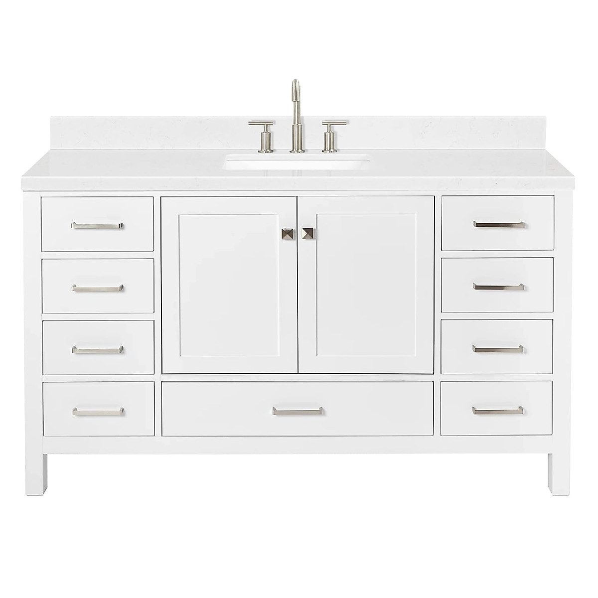 ARIEL Cambridge 60" White Bathroom Vanity, 1.5" Edge Carrara White Quartz Countertop & Splash, Rectangular Sink, 2 Soft Closing Doors, 9 Full Extension Dovetail Drawers, Brushed Nickel