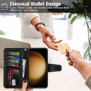 Lugege Compatible with Samsung Galaxy S23 5G Case Wallet Flip Folio Case [Kickstand] with RFID Blocking Card Holders [Shockproof] and Wrist Strap Phone Cover Black