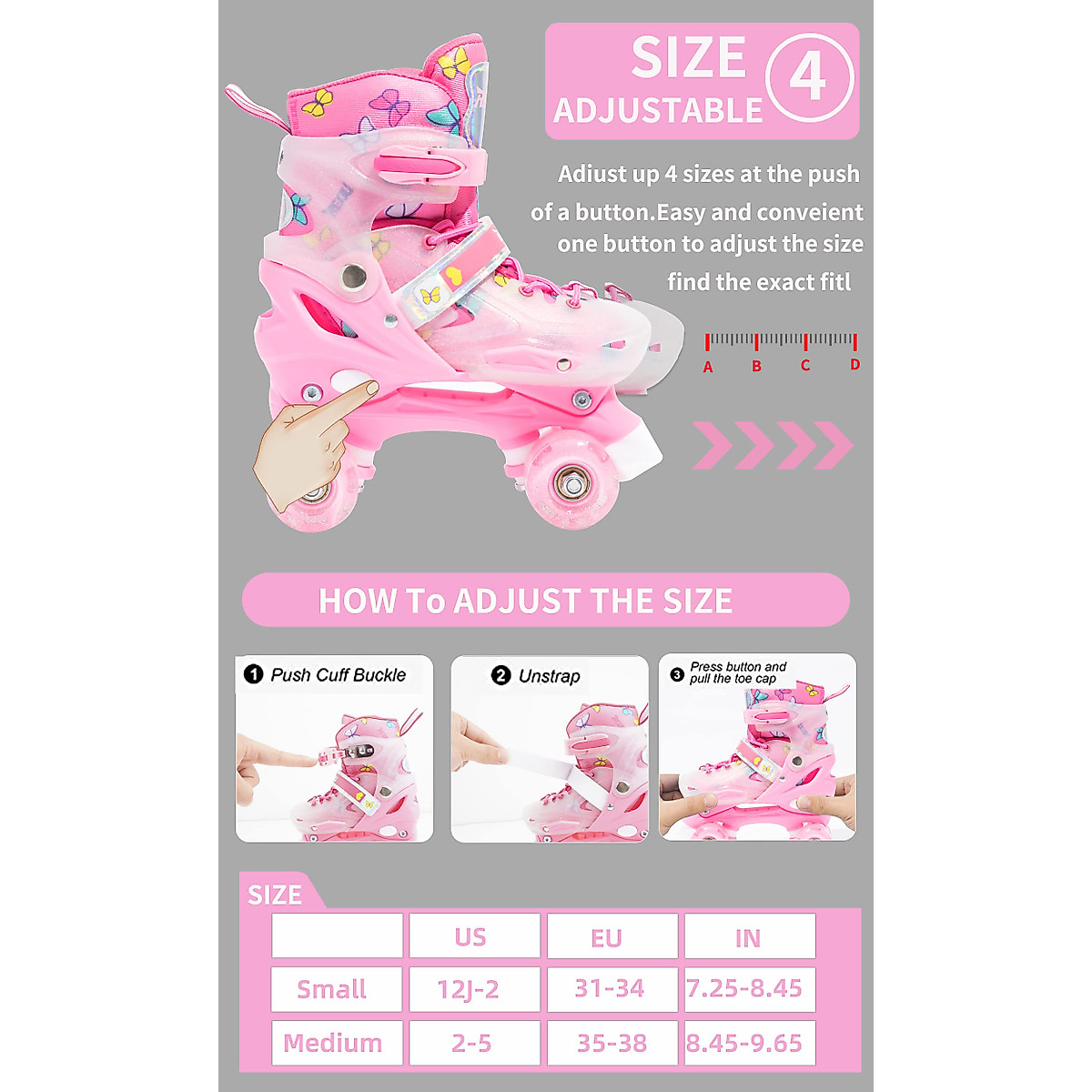 Roller Skates for Girls and Boys, Adjustable 4 Sizes for Kids Toddler Roller Skates with Light up Wheels Anti-Collision Shell(Pink, Medium(2-5))