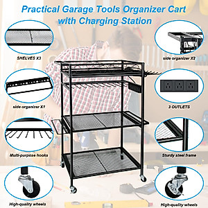 AQNIEGEP Power Tool Organizer Cart with 3 Charging Station, Garage Rolling Tool Storage Cart, Mobile Tool Cart with Wheels, Garage Workshop Gift Ideas for Dad Men Black