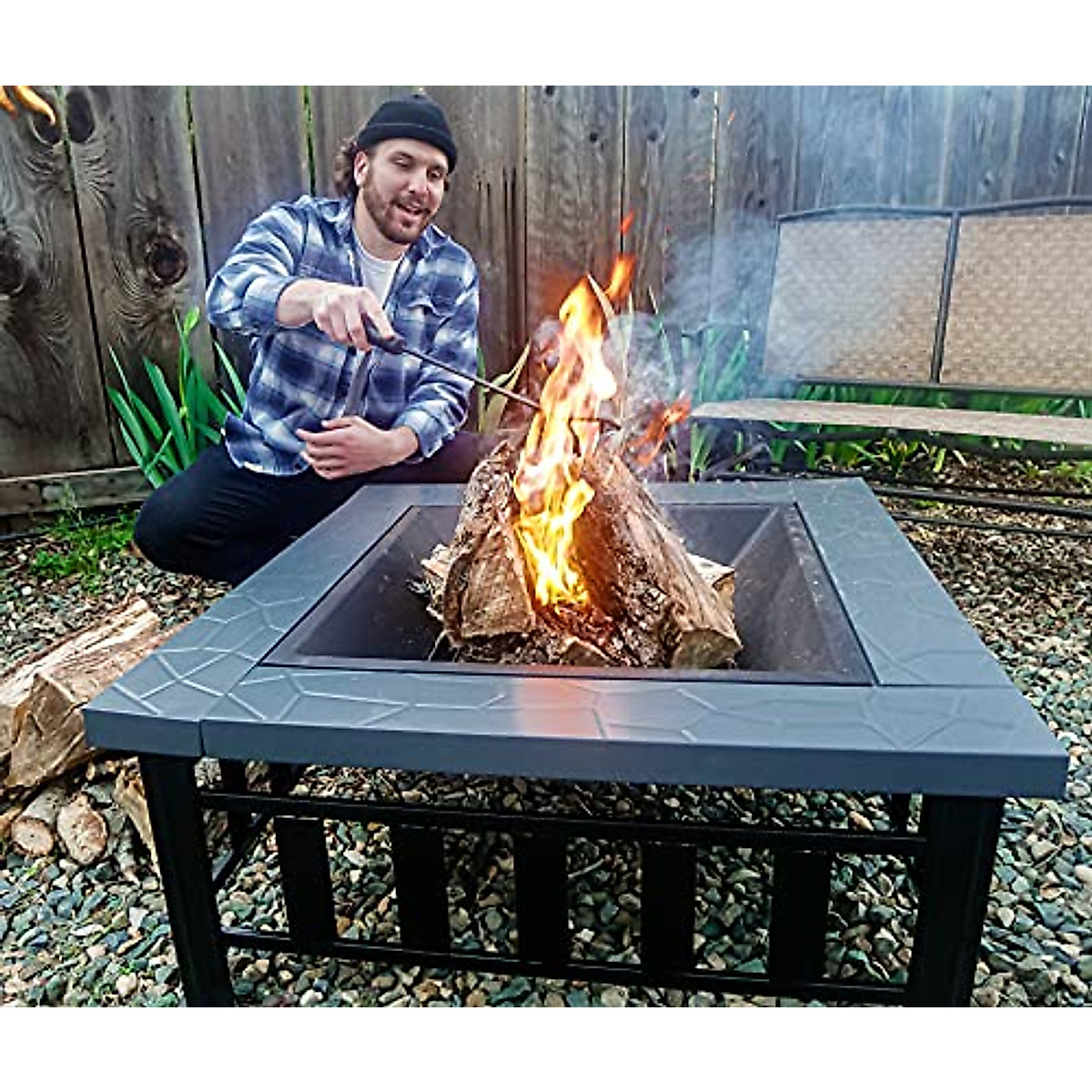 Yardom 34 inch Outdoor Fire Pits BBQ Square Firepit Table Backyard Patio Garden Stove Wood Burning Fireplace with Grill, Spark Screen Cover, Poker, Rain Cover