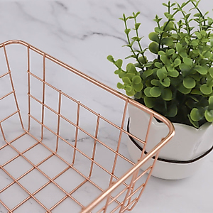 Metal Wire Storage Basket with Handles for Kitchen Food Pantry Papers Home Office Desk Basket Bathroom Laundry Room Basket Bedroom Bed Room, Rose Gold