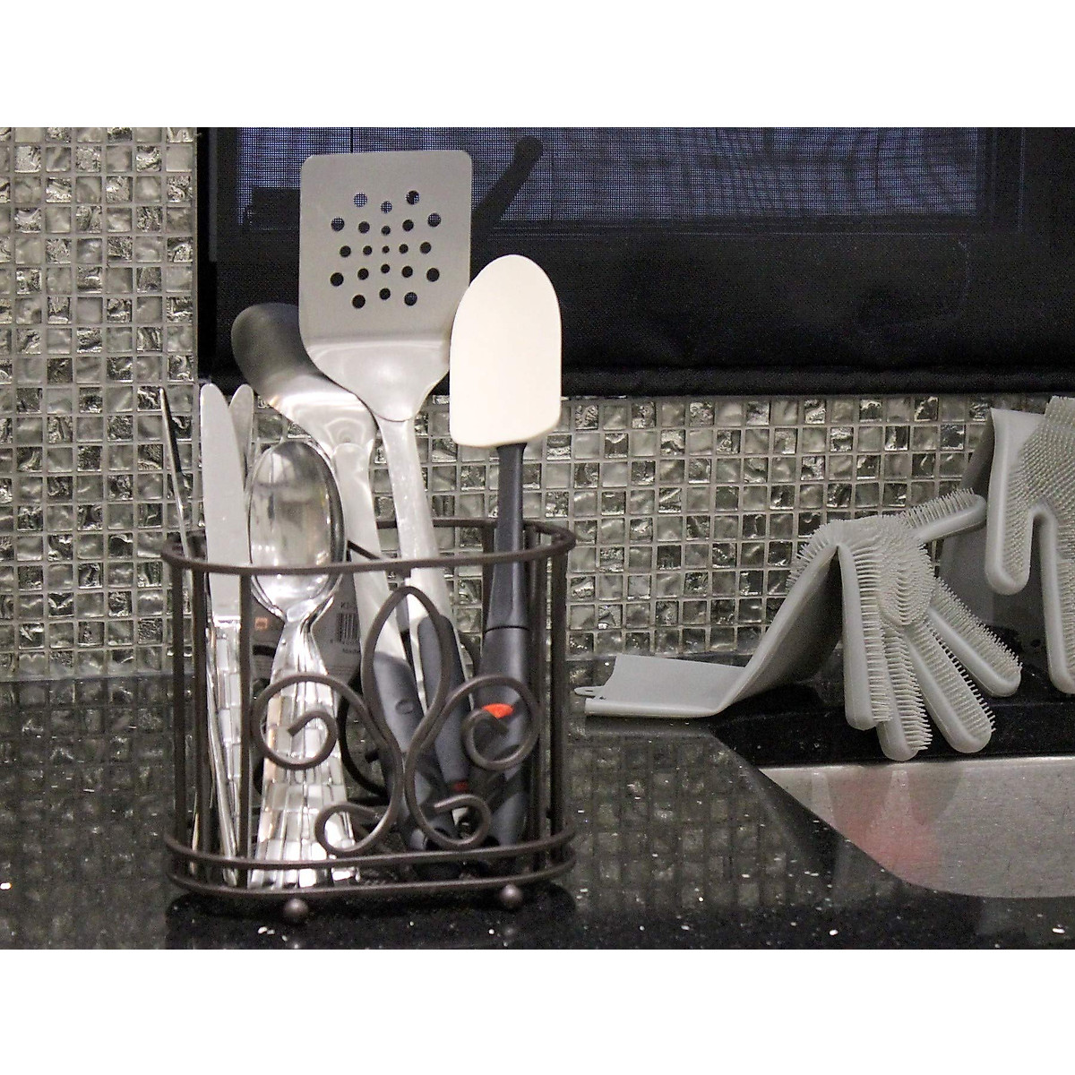 Dependable Metal Wire Cutlery and Utensil Storage Organizer Bin for Kitchen, Pantry, Table and Countertop - Utensil Caddy Holds Forks, Knives, Spoons, Spatulas - 2 Section - Bronze