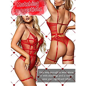 Kaei&Shi Bodysuit Lingerie for Women,Plunge Underwire Floral Lace Teddy Lingerie,Sexy Cutout Thong One Piece Body Suit with Garter Boudoir Red Medium