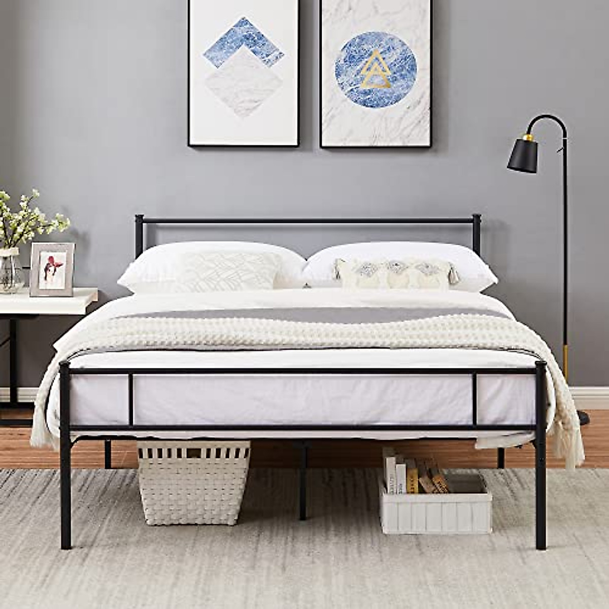 VECELO Metal Platform Bed Frame Queen Size with Headboard and Footboard, 12'' Under-Bed Storage & Strong Slats Support, No Box Spring Needed