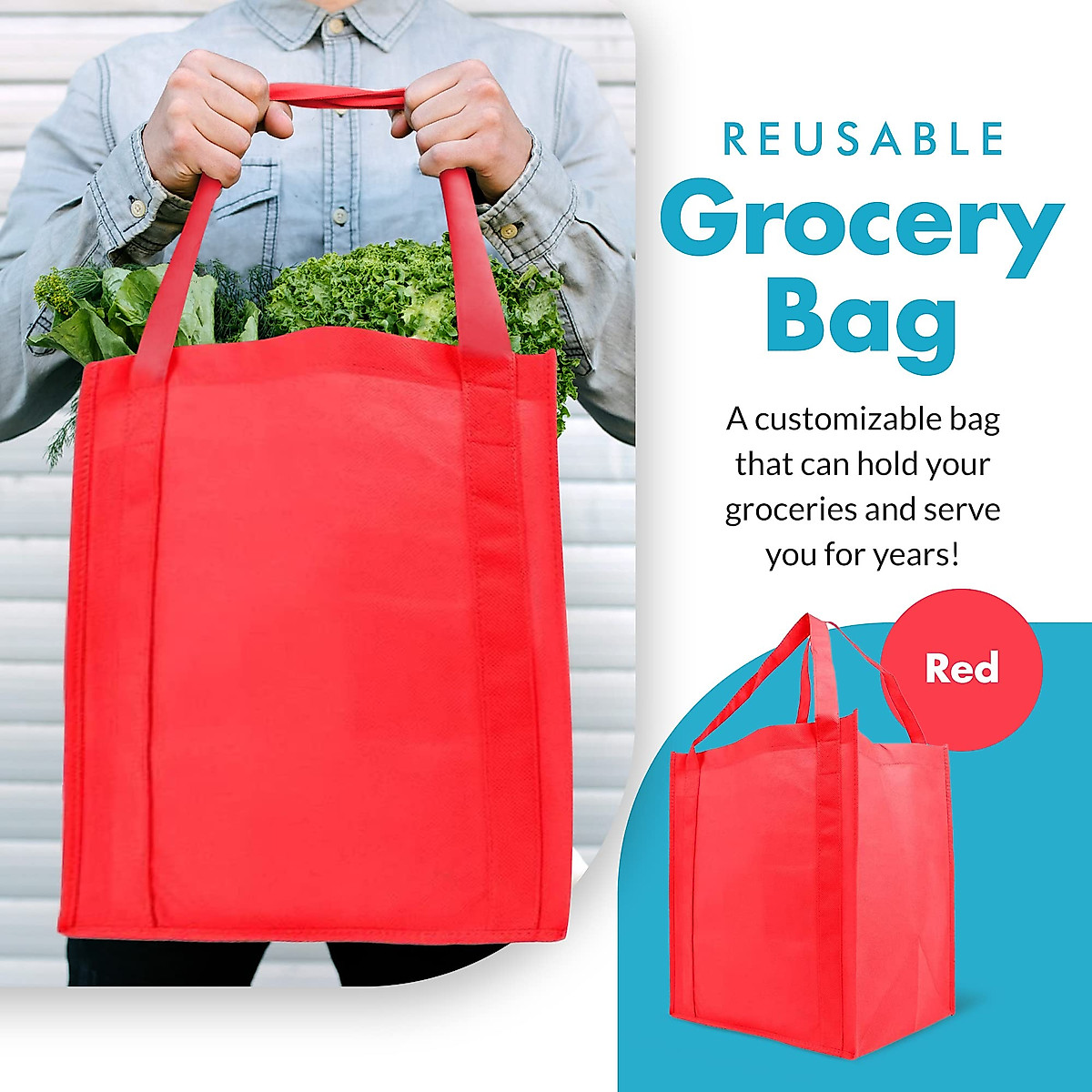 Simply Green Solutions - Reusable Grocery Bags, Wide Tote Bags with 20-Inch Reinforced Handle, Shopping Bags for Groceries, Reusable Gift Bags with Handles, 13 x 15 x 10, Pack of 10, Red