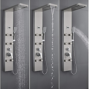ROVOGO Shower Panel System with 6 Body Jets, Rainfall Waterfall Shower Head and Handheld, Shower Tower Column with Temperature Display in Brushed Stainless Steel