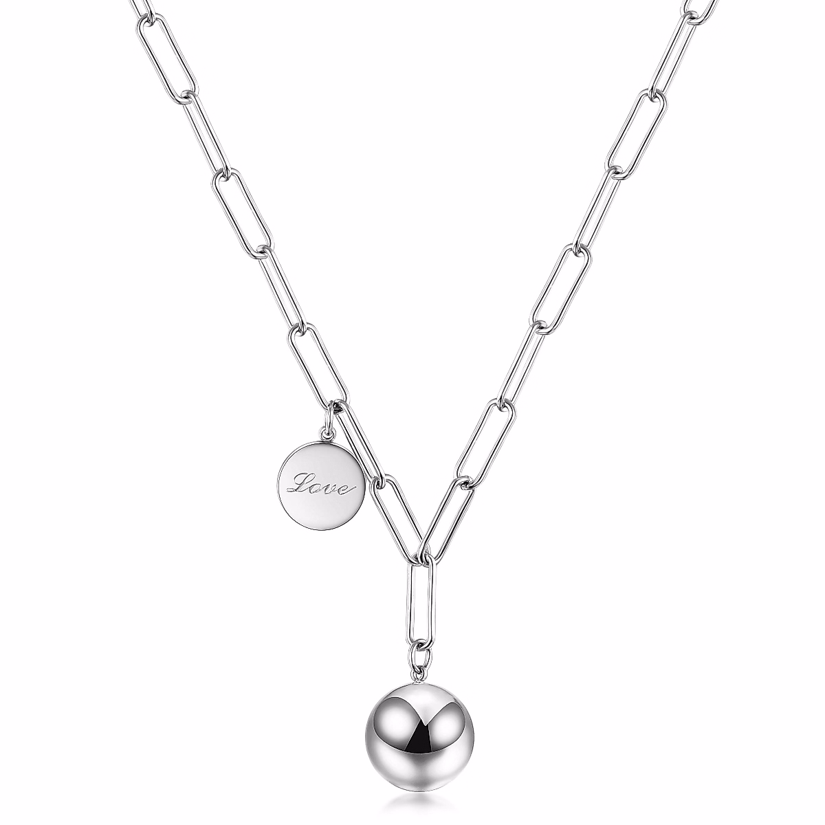 WISTIC Long Layered Chain Link Necklaces for Women Gold Rose Gold Harmony Ball Pendant Paperclip Necklace Adjustable Earth Map Chain Necklace (Ball Silver)