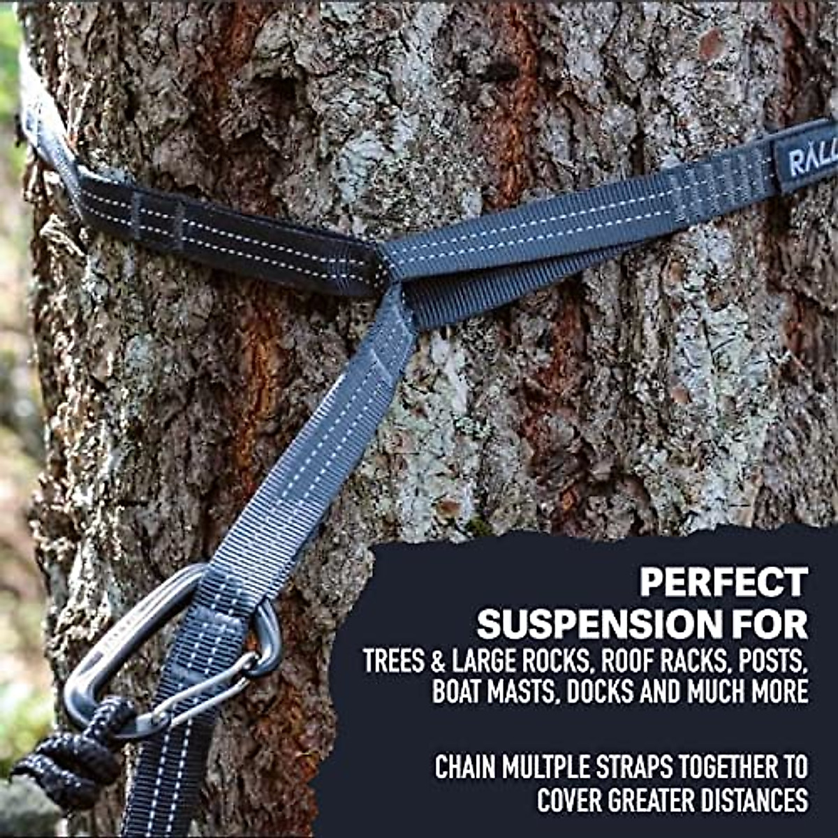 RALLT Ultralight Hammock Straps - Tree Straps w/Wire Gate Carabiners for Portable Outdoor Hiking and Camping Gear - 20ft Suspension System Kit - 2,000+ lbs Polyester Straps (Charcoal, 1 Pack)
