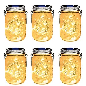 YKB Solar Mason Jar Lid Lights, 6 Pack Hanging Solar Lights Outdoor, 30 LEDs String Fairy Lights Led Table Lanterns, Decor for Garden Yard Patio Lawn Christmas (Hangers and Jars Included)