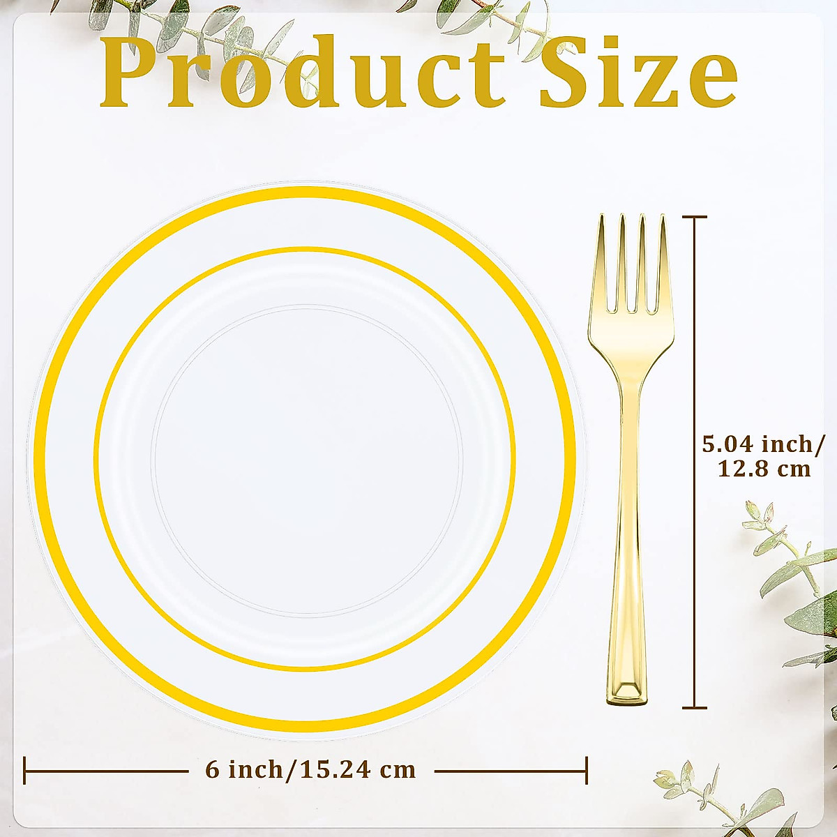 Eccliy 200 Pieces Gold Plastic Dessert Plate Sets 100 Clear Disposable Cake Plate 6 Inch and 100 Fork 5 Inch Gold Rim Round Salad Appetizer Plate Folk Set for Buffet Hotel Birthday Wedding Party