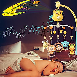 Yuanlebao Crib Mobile for Pack and Play,Baby Crib Toys with Light and Music, Rotation,Timing, Toddlers Toy for Remote Lamp, Projector for Crib Accessories,Nursery Toys for Infant 3M+（Yellow）