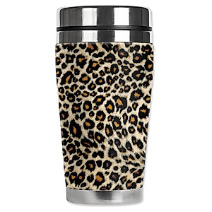 Mugzie Small Leopard Spots Travel Mug with Insulated Wetsuit Cover, 16 oz, Black