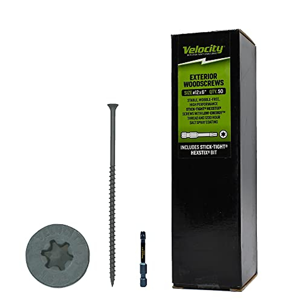 Velocity Exterior Long Length Wood Screws and Drive Bit – Screw Set with Long Large Wood Screws and StickTight™ Hexstix® Driver Bit (Size #12 x 6", 50 Count)