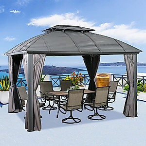 Patio Tree 10' x 12' Aluminum Outdoor Gazebo, Patio Permanent Hardtop Gazebo with Netting and Privacy Curtains