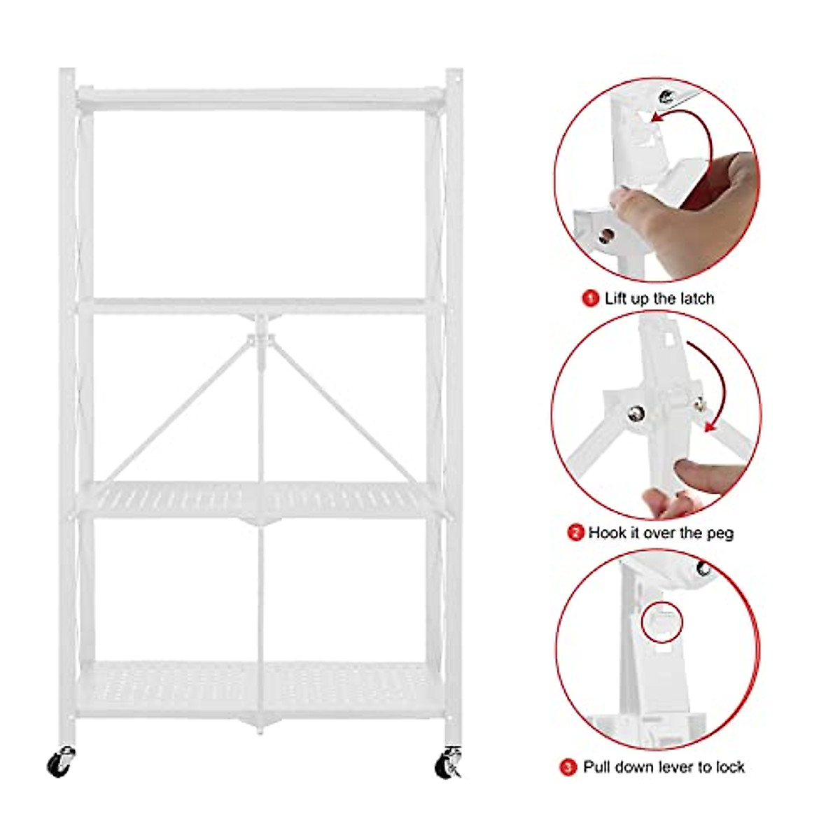 ShanSon Storage Shelves with Wheels 4 Tier Heavy Duty Foldable Metal Rack Storage Shelving Units for Garage Kitchen，White