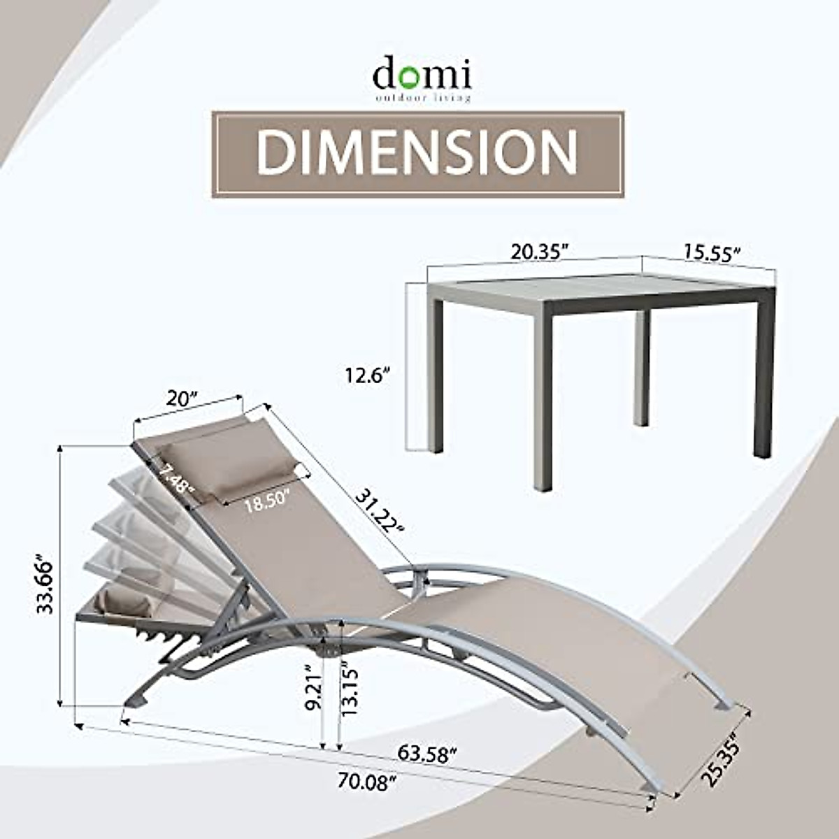 Domi Pool Lounge Chairs Set of 3, Adjustable Aluminum Outdoor Chaise Lounge Chairs with Metal Side Table, All Weather for Deck Lawn Poolside Backyard -Beige Textilene