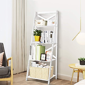 Tangkula 4-Tier Ladder Shelf Bookcase Leaning Free Standing Wooden Frame Decor Bookshelf Storage Flower Shelf Plant Display Shelf for Home Office (White, 1)