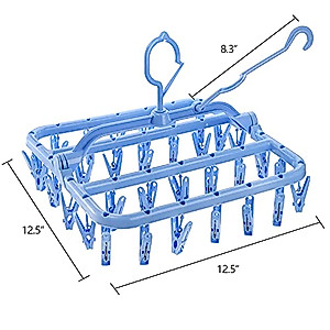 ZENFUN 3 Pack Foldable Laundry Hanger Drying Rack with 32 Clips, Plastic Laundry Clips and Drip Drying Hanger for Socks, Underwears, Towel, Scarf, Side Hanging, Anti-Wind, Blue
