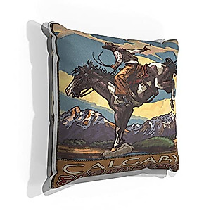 Calgary Stampede Bucking Horse Cowboy Canvas Throw Pillow for Couch or Sofa at Home & Office from Travel Artwork by Artist Paul A. Lanquist 18" x 18".
