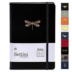 SETTINI Dotted Journal - A5 Vegan Leather Notebook, 192 Archival-Quality Pages, QuillEase Bleed-Free Paper, Inner Pocket & Bookmark, Ideal for Bullet Journaling - Black Dragonfly