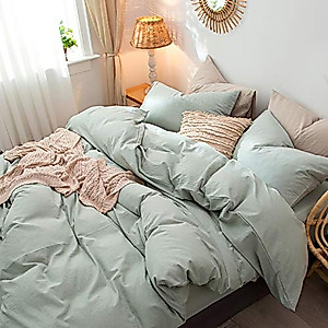 MooMee Bedding Duvet Cover Set 100% Washed Cotton Linen Like Textured Breathable Durable Soft Comfy (Sage Green, Queen)