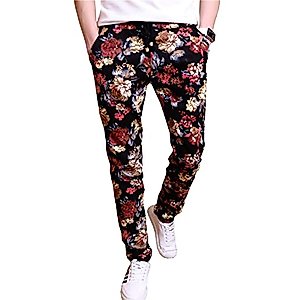 QZH.DUAO EMAOR Floral Printed Casual Pants Slim Fit Flower Trousers for Men, Black, US 40 = Tag 6XL