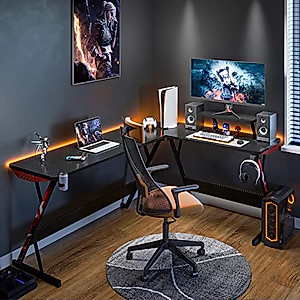 MOTPK L Shaped Gaming Desk 66 Inch, Gaming Computer Desk L Shape with Carbon Fiber Surface, Gamer Desk Gaming Table with Monitor Shelf, Cup Holder & Headphone Hook, Black