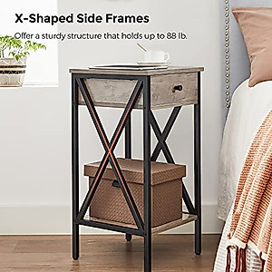 VASAGLE Tall Nightstand with Drawer and Storage Shelf, End Table, Side Table, 13.8 x 13.8 x 27.6 Inches, Industrial, Greige and Black ULET501B02
