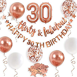Rose Gold Thirty & Fabulous Happy 30th Birthday Banner Garland Foil Balloon 30 for Womens 30th Birthday Decorations Hanging 30 and Fabulous Cheers to 30 Years Old Dirty Thirty Party Supplies Backdrop
