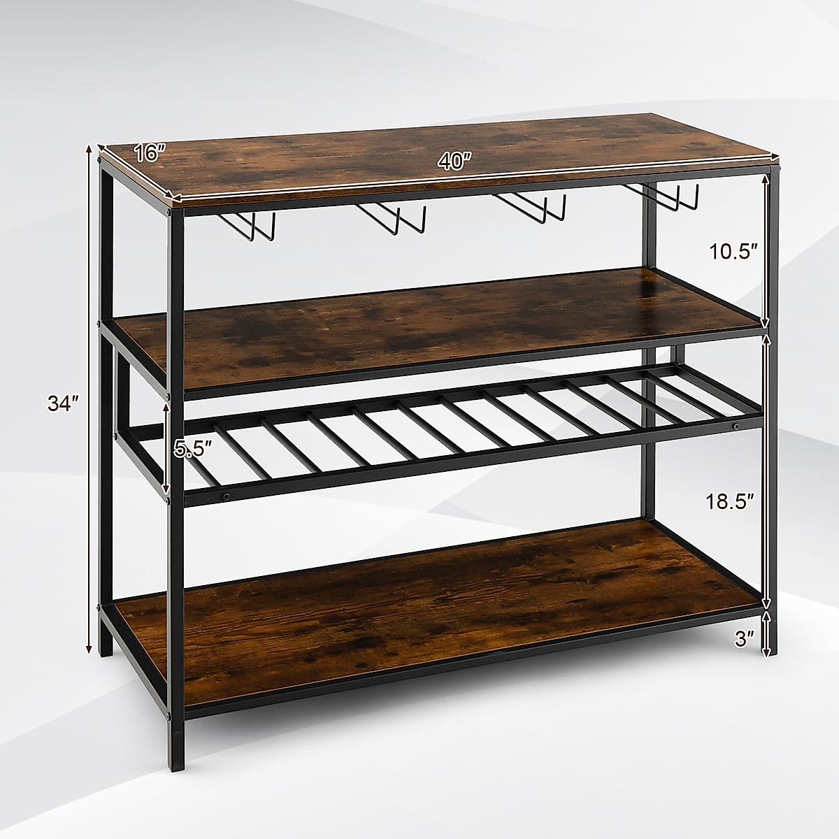 Giantex Industrial 4-Tier Wine Rack Table, 13-Bottle Wooden Wine Bar Cabinet with Wine Rack, 20 Glasses Holder, Wine Storage Rack with Metal Frame, Wine Rack Freestanding Floor, Rustic Brown