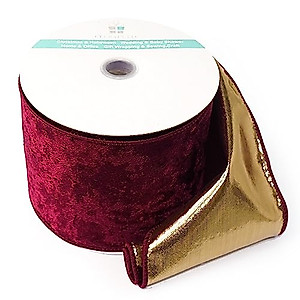 Wine (Burgundy) Velvet with Gold Metallic Backing Wired Ribbon 4 Inch x 10 Yards for Christmas Tree Topper Home Decoration Wreath Gift Wrapping DIY Craft