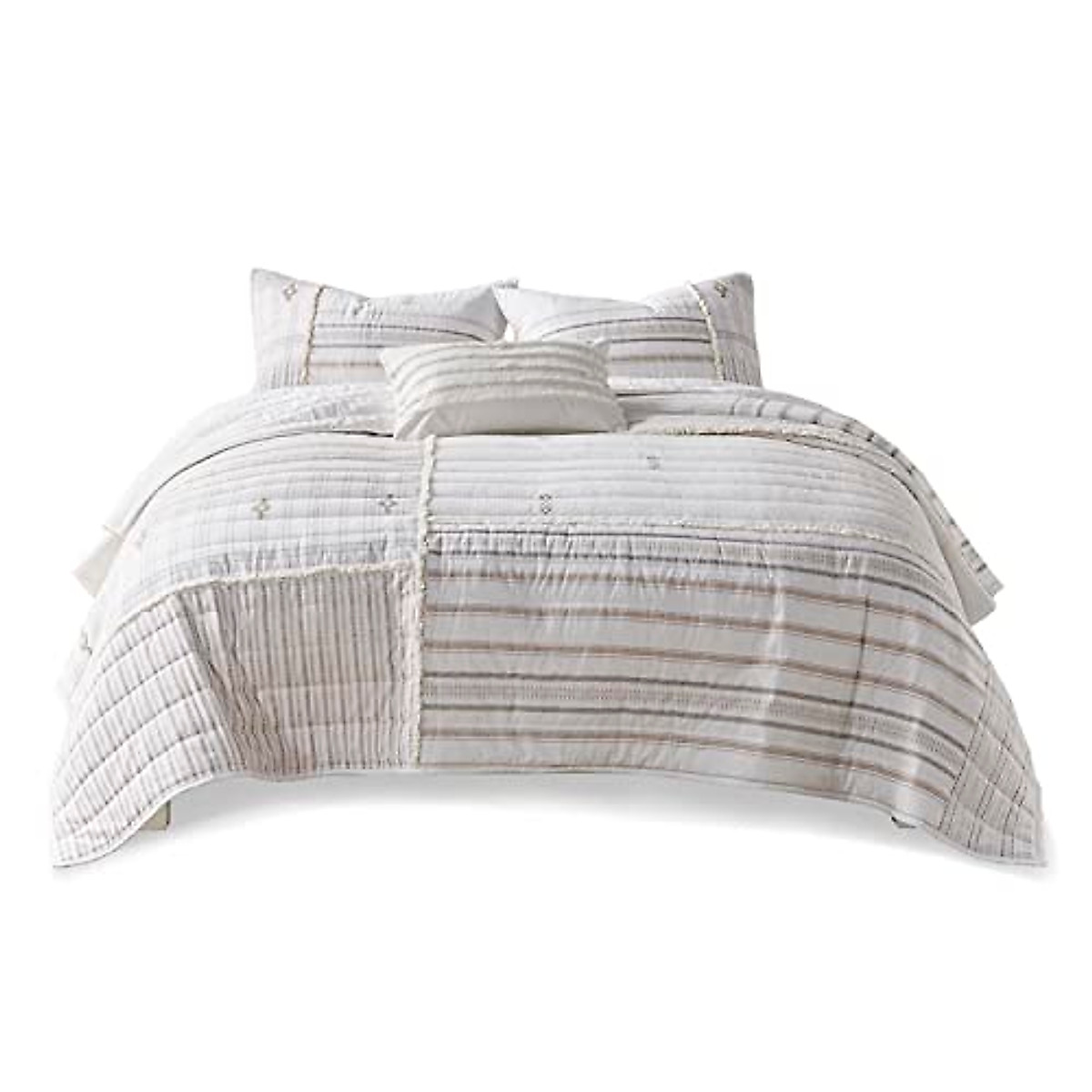 INK+IVY Salar Cotton Quilt Set - Stripe Patchwork Design with Fringe Trim Accent, Prewashed Coverlet, All Season, Breathable and Lightweight Cover, Cozy Summer Blanket, Full/Queen Natural 3 Piece