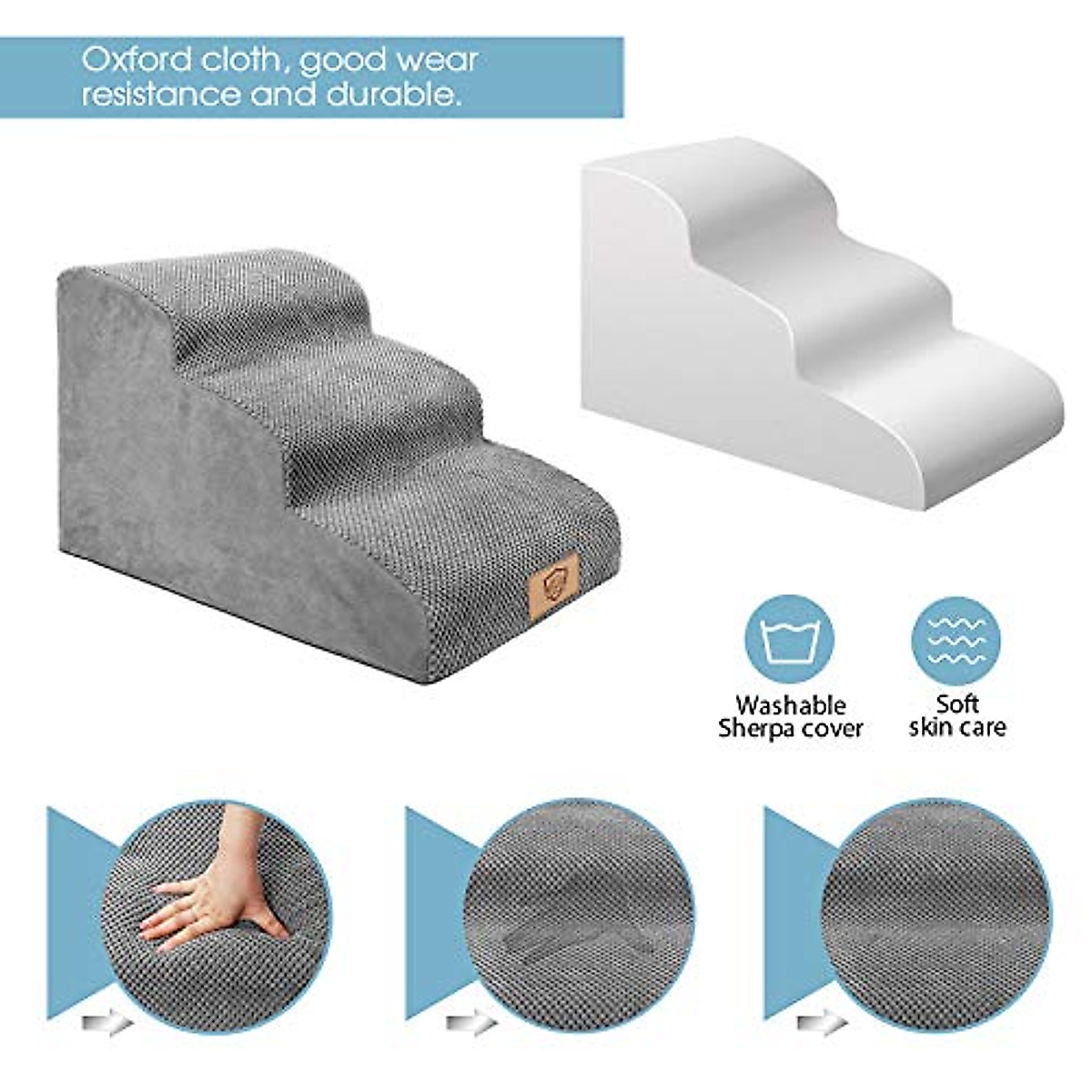 Topmart 3 Tiers Foam Dog Ramps/Steps,Non-Slip Dog Steps,Extra Wide Deep Dog Stairs,High Density Foam Pet Stairs/Ladder,Best for Older Dogs,Cats,Small Pets,with Pet Hair Remover Roller,Grey