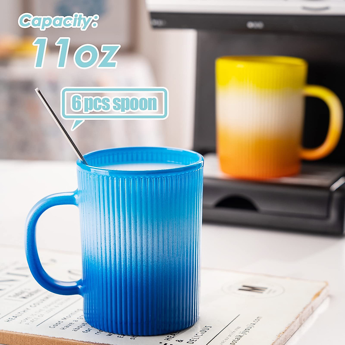 Claplante 6 Pack Coffee Mugs 11 oz Espresso Mugs with Handles, Tea cups with 6 Spoons, Drinking Glasses, Hot Chocolate Mugs, Cocoa Mugs, Mug Sets, Coffee Cups for Latte, Espresso Coffee, Juice, Tea